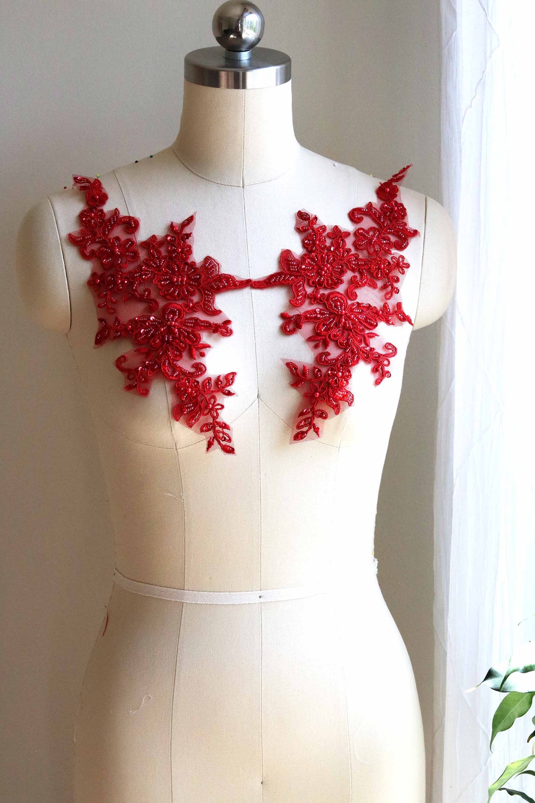 RED Beaded Lace Appliqué, Handmade 3D Lace Applique, Mirrored Pair ...