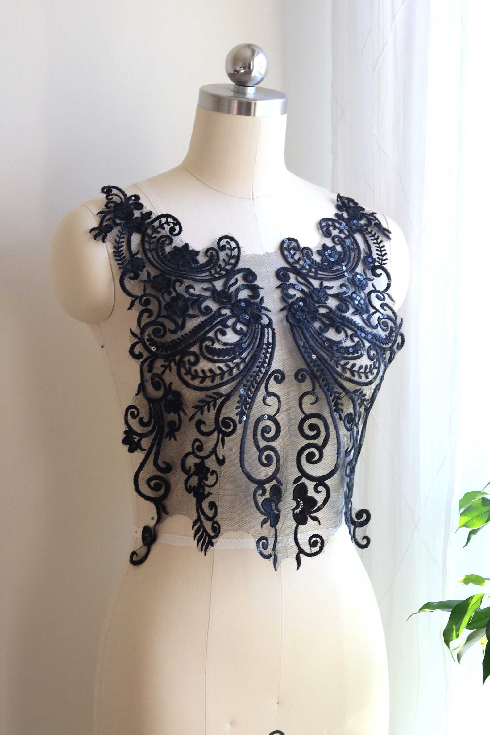 BLACK Delicate Floral Bridal Embroidery Bodice Applique, Rayon Black ...