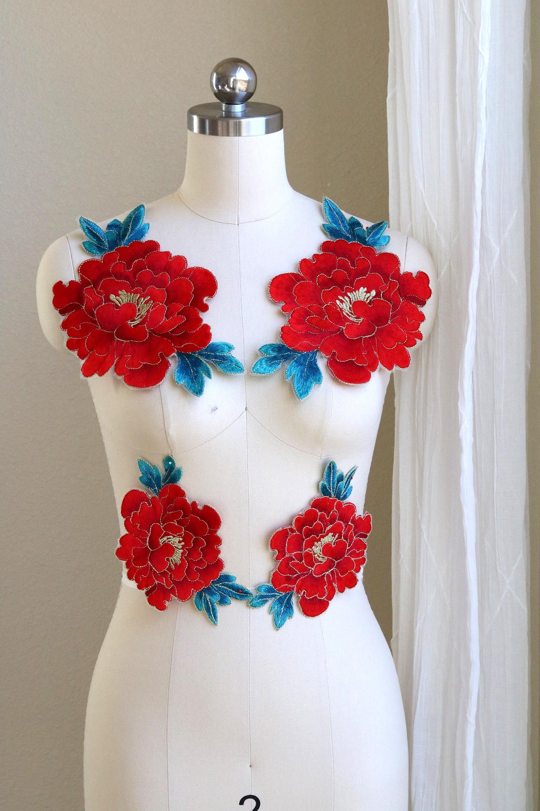 RED & GOLD PEONY Patch Applique Pair, Embroidery Flower Patch, Flowery ...