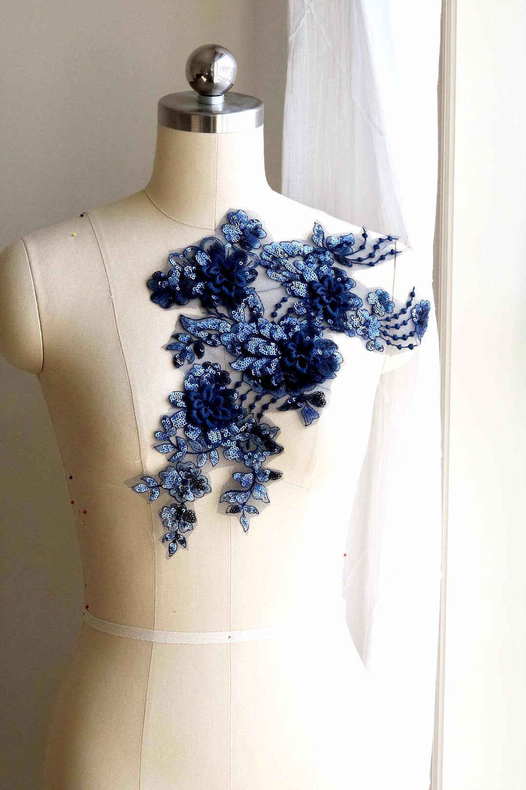 NAVY BLUE Sequin Lace Applique With Four 3D Flowers for Couture Dance ...