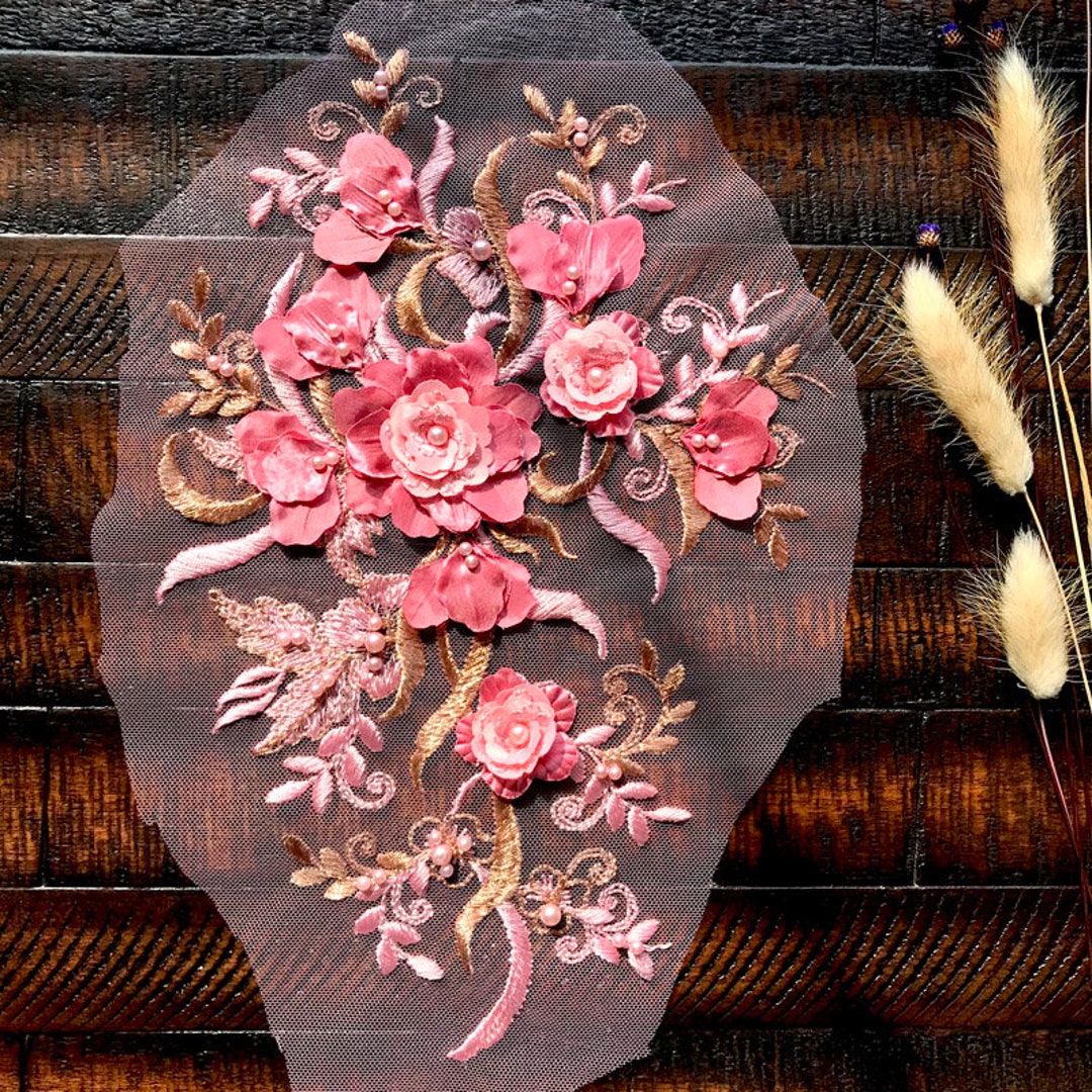 ROSE GOLD 3D Floral Embroidery Sew on Patch Lace Applique With Beaded ...
