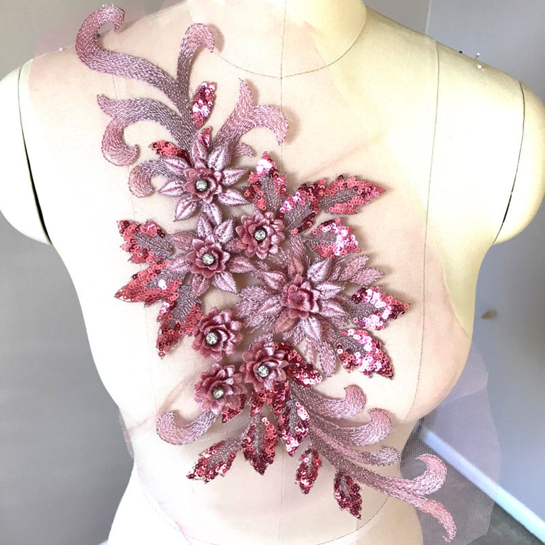 ROSE GOLD 3D Floral Lace Applique With Sparkling Sequin and Rhinestones for Lyrical Dancing ...