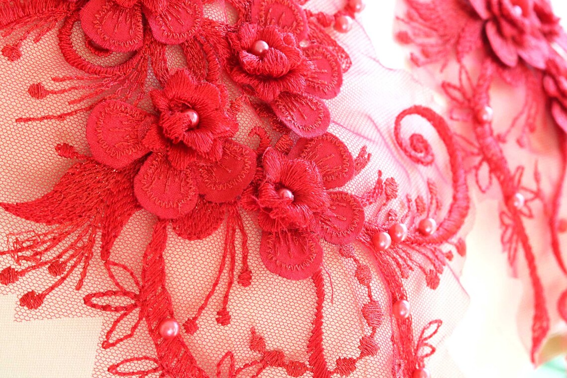 A168-d Bright Red Lace Applique Pearl Beaded 3D Lace | Etsy