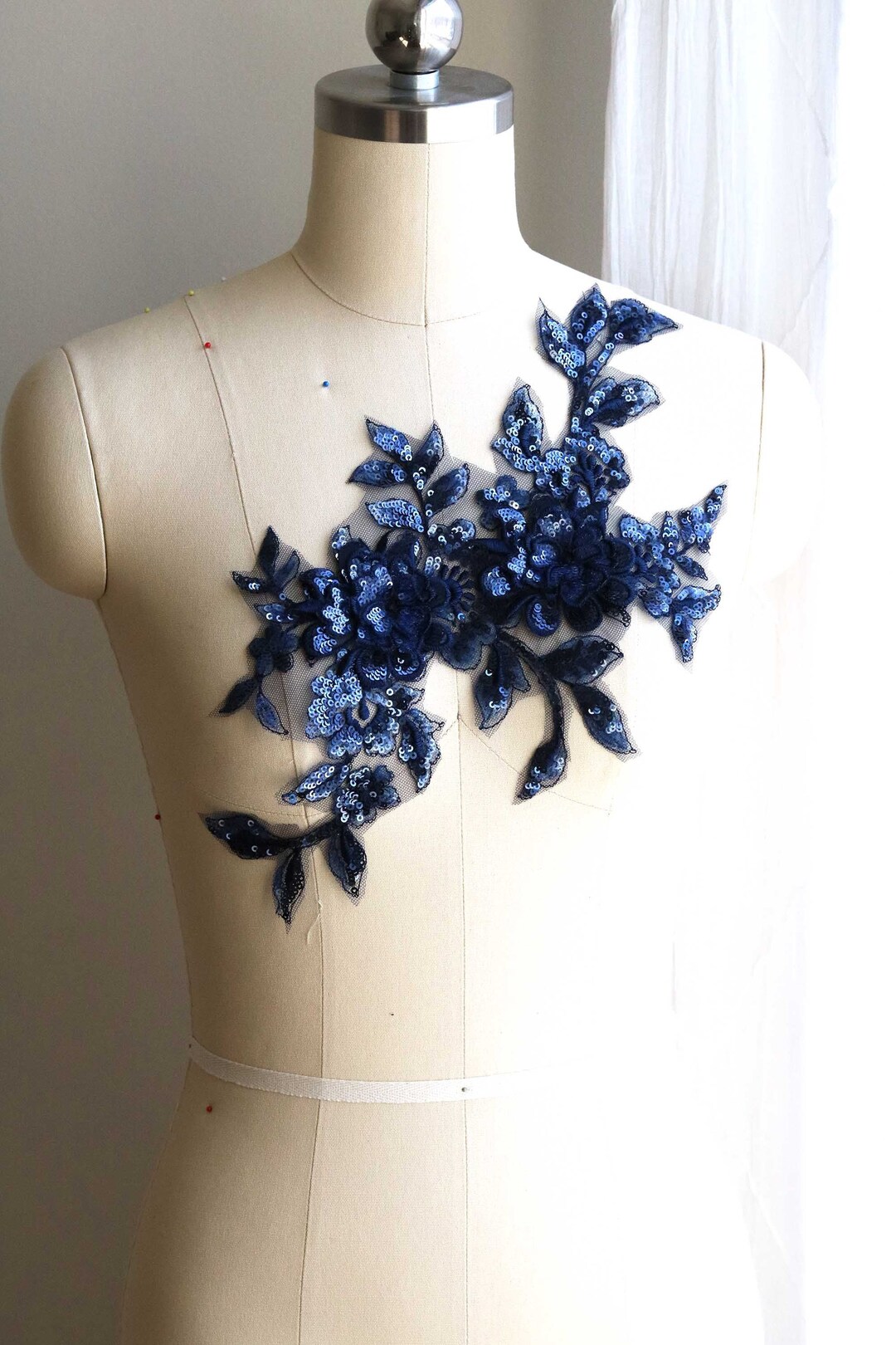 NAVY BLUE Shiny Sequin Lace Applique With 3D Flowers and Leaves Decoration for Dancing Costumes ...