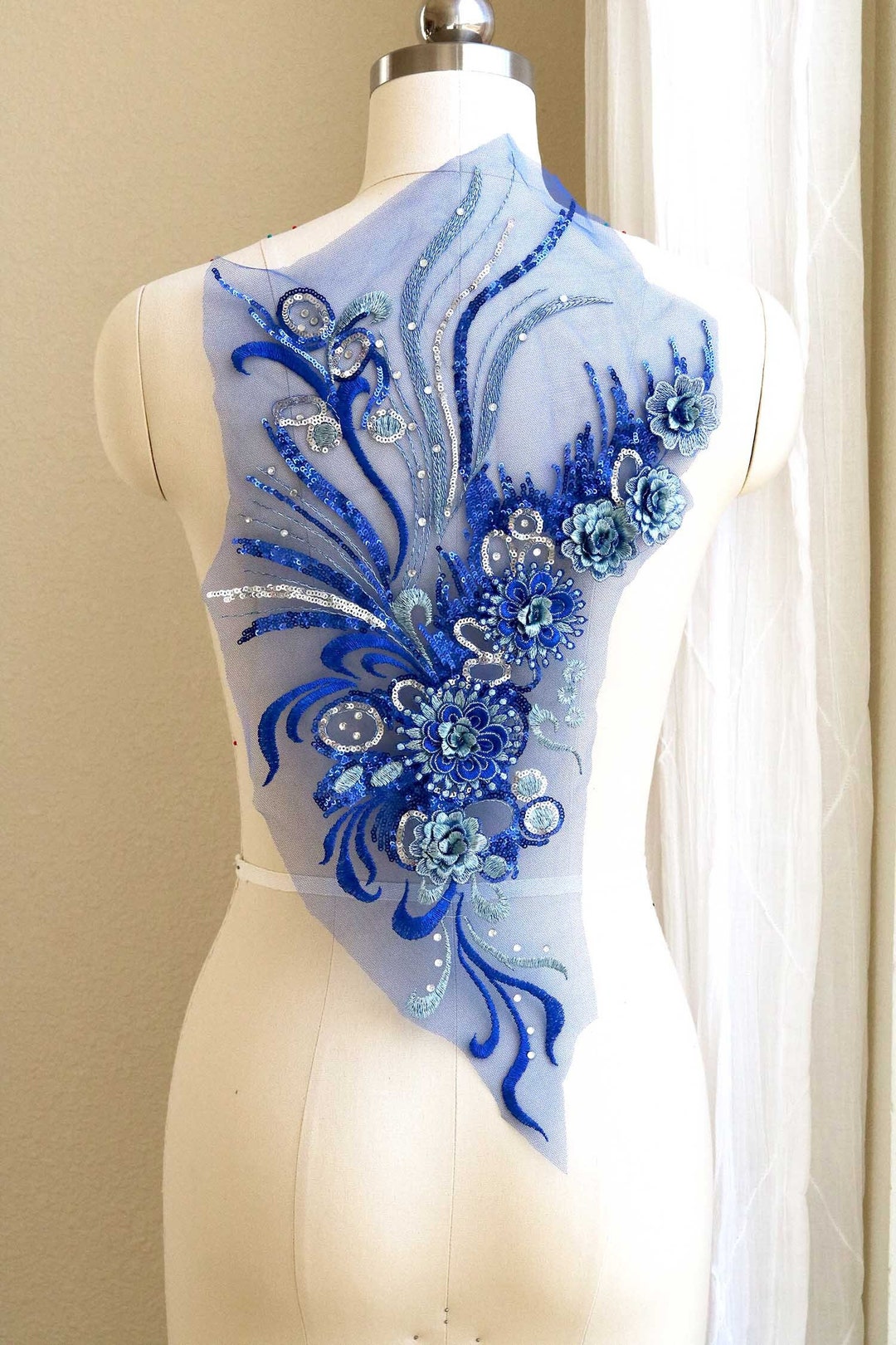 ROYAL BLUE 3D Flower Motif Large Applique, Oversized With Sequins and ...