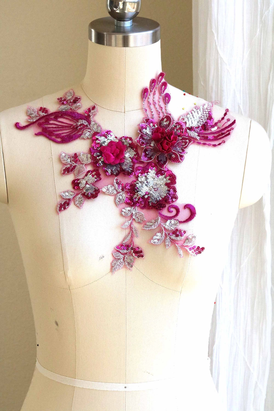 HOT PINK, SILVER 3D Rose Sequin Sew on Patch Lace Applique for Dancing ...