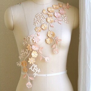 CHERRY BLOSSOM 3D Bodice Floral Design 2 Leaf Lace Applique, Peach ...