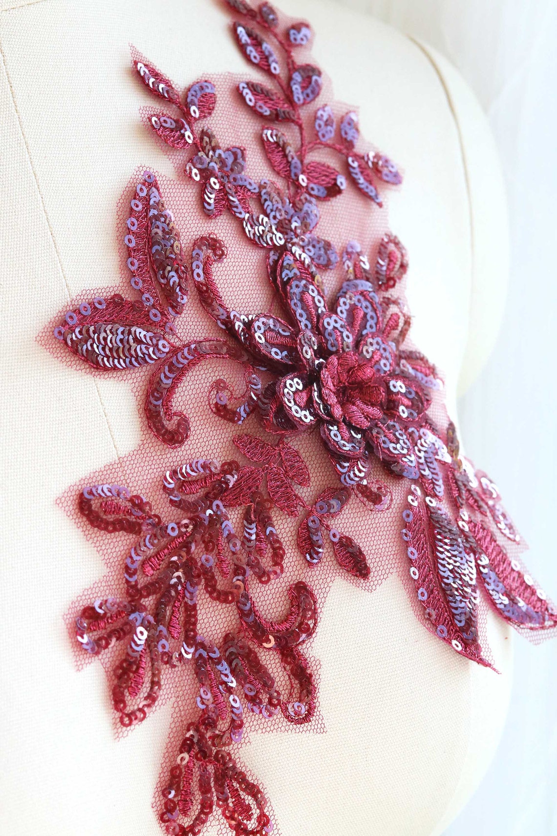 A175-h Burgundy Lace Applique Sequin Lace Applique 3D Lace - Etsy
