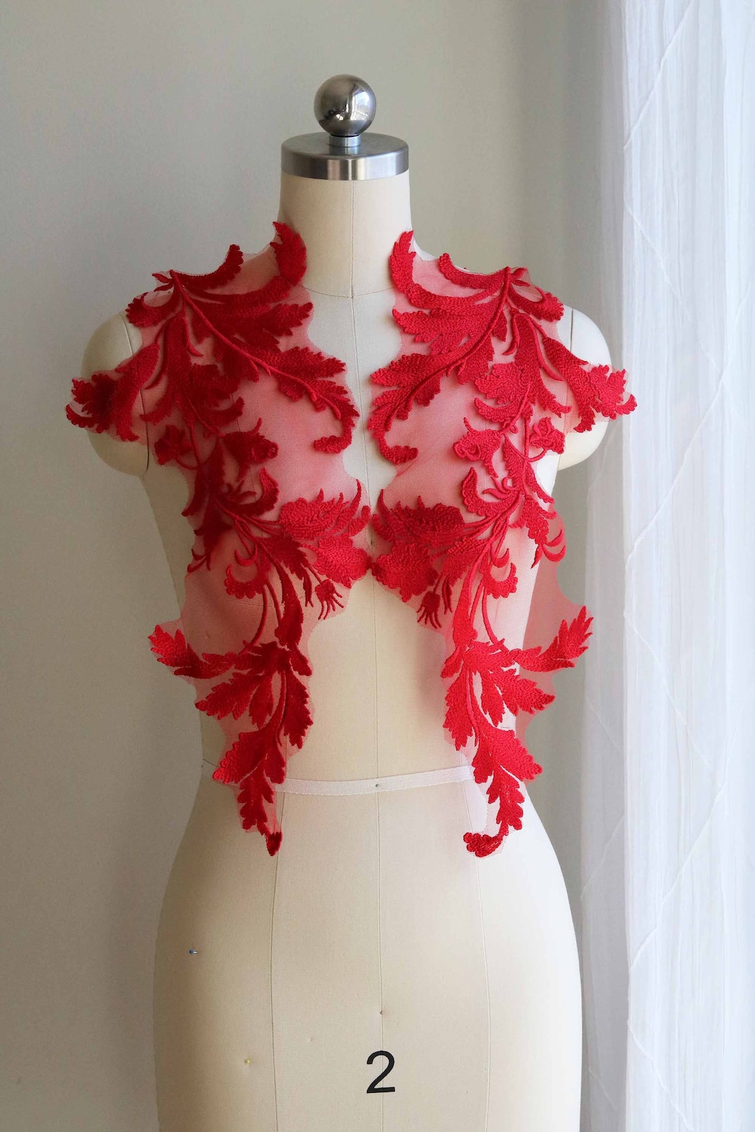 RED Feather Leaf Embroidered Lace Applique, Mirrored Pair for Solo ...