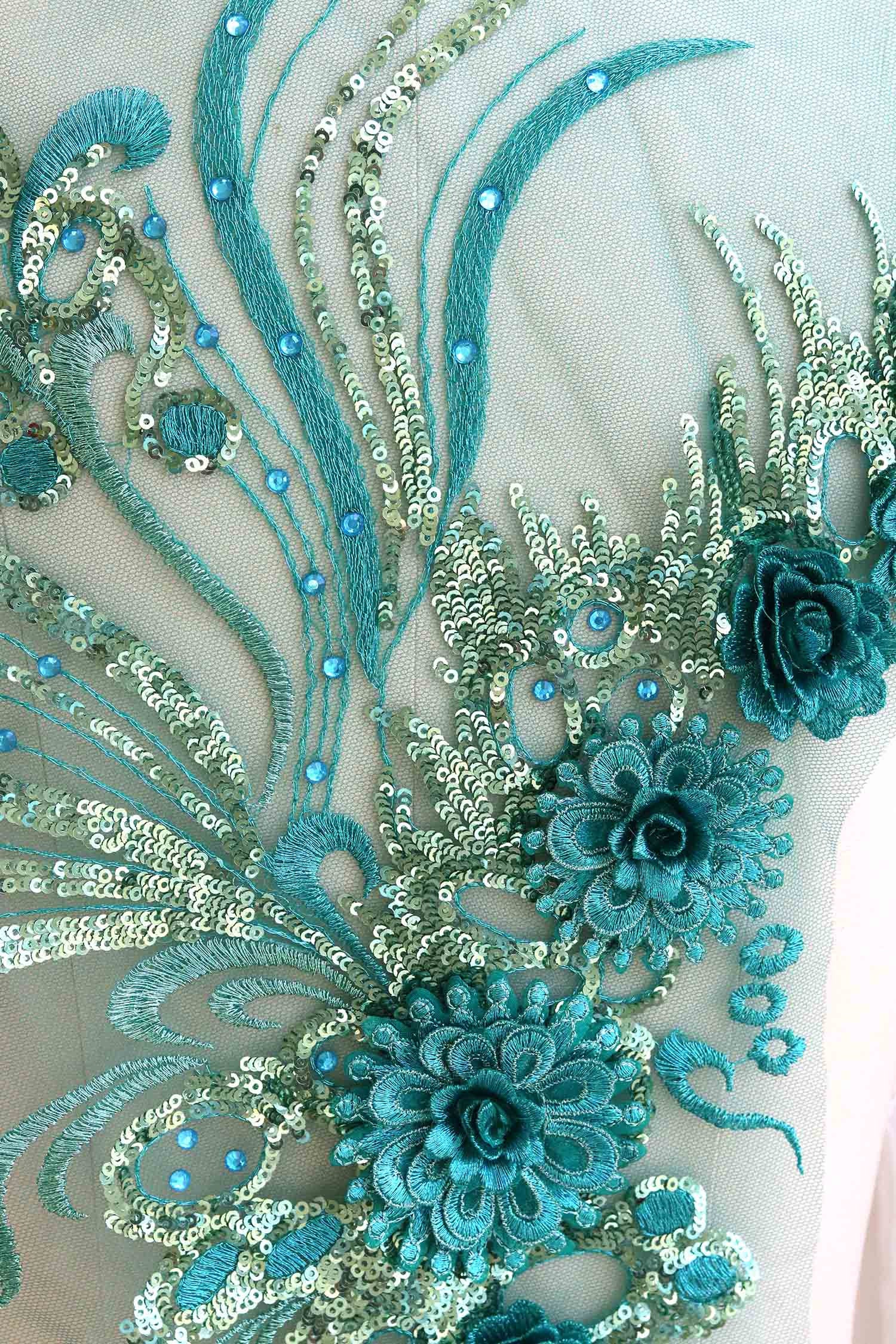 GREEN TEAL 3D Flower Motif Large Applique, Oversized With Sequins and ...