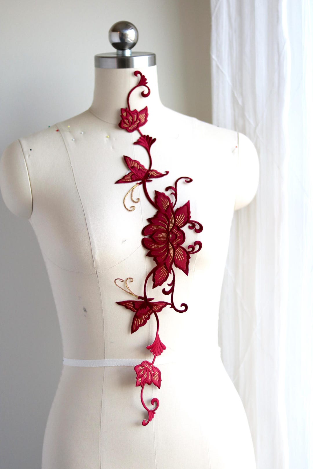 Burgundy Gold Lotus Iron on Patch, Large Flower and Leaf Lace Applique ...