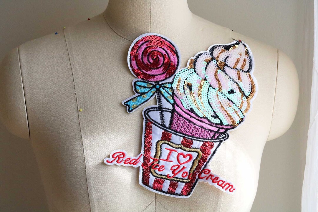 A222-a Ice Cream Sequin Lace Applique, Iron on Lace Patch, I Love You ...
