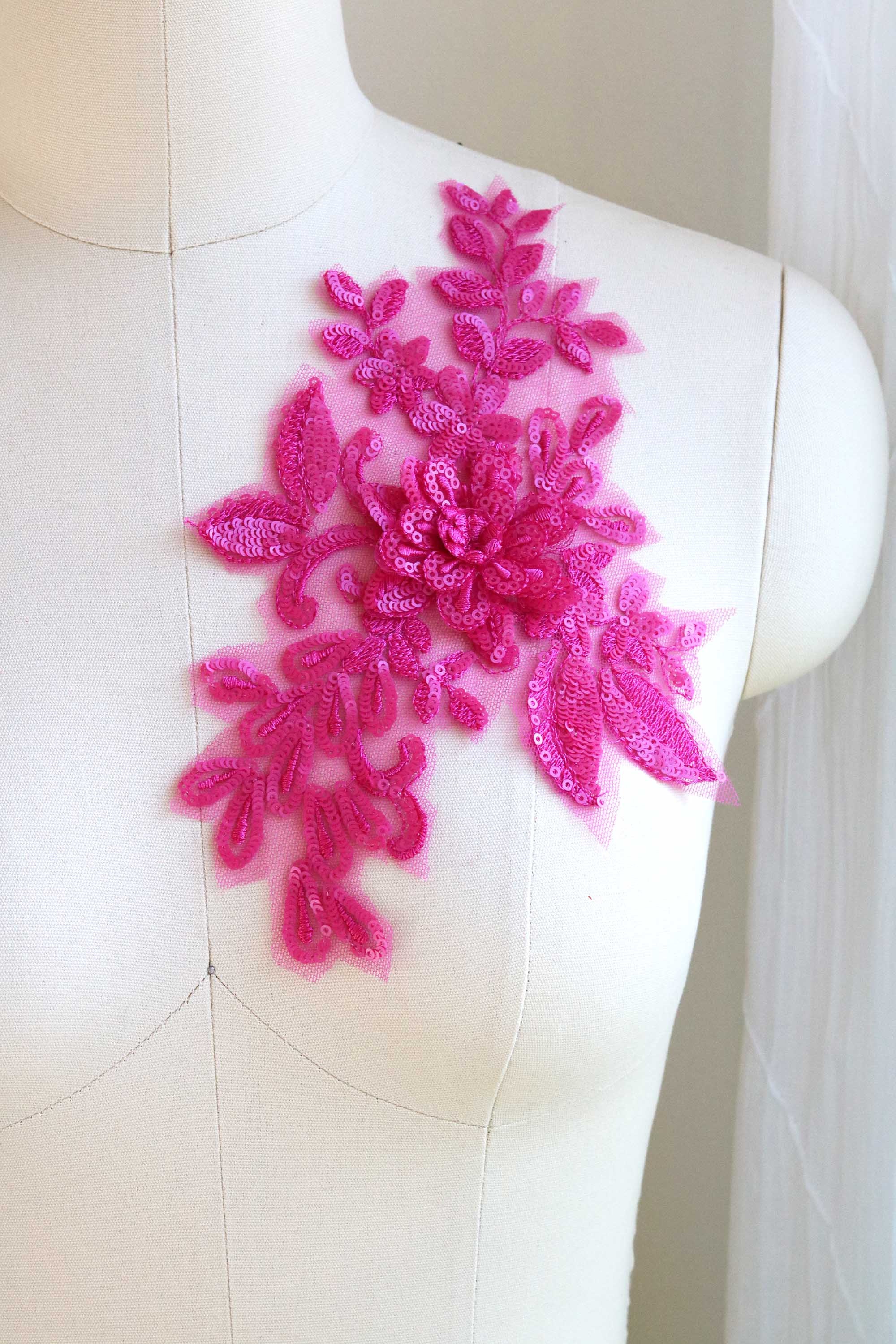 HOT PINK 3D Flower Lace Applique, Pink Sequin With Fuscia Flower for ...