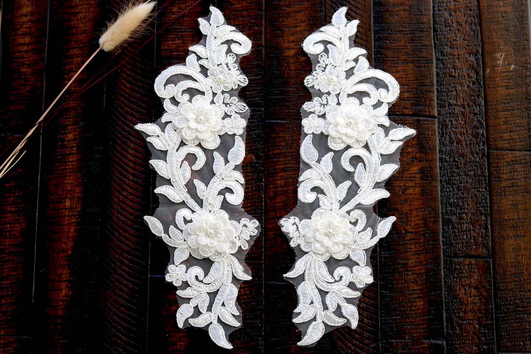 IVORY Luxury Beaded Pearl Garter Applique Pair, ALENCON Style Very High ...