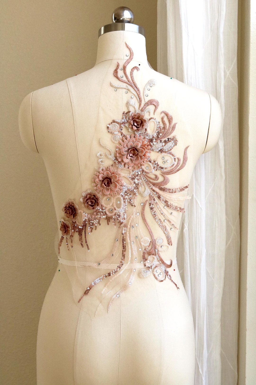 ROSE GOLD 3D Flower Motif Large Applique, Oversized With Sequins and ...