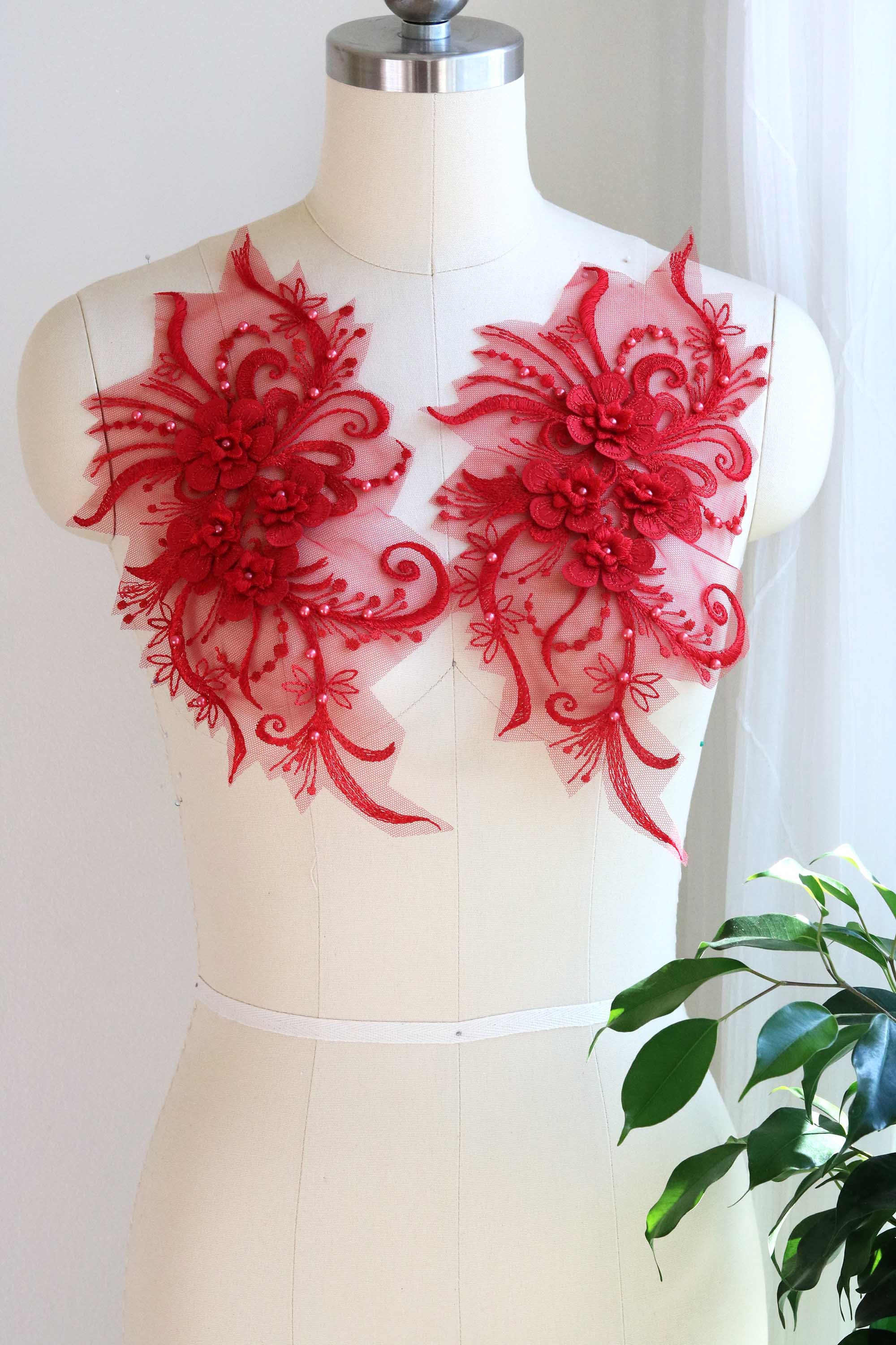 A168-d Bright Red Lace Applique Pearl Beaded 3D Lace | Etsy
