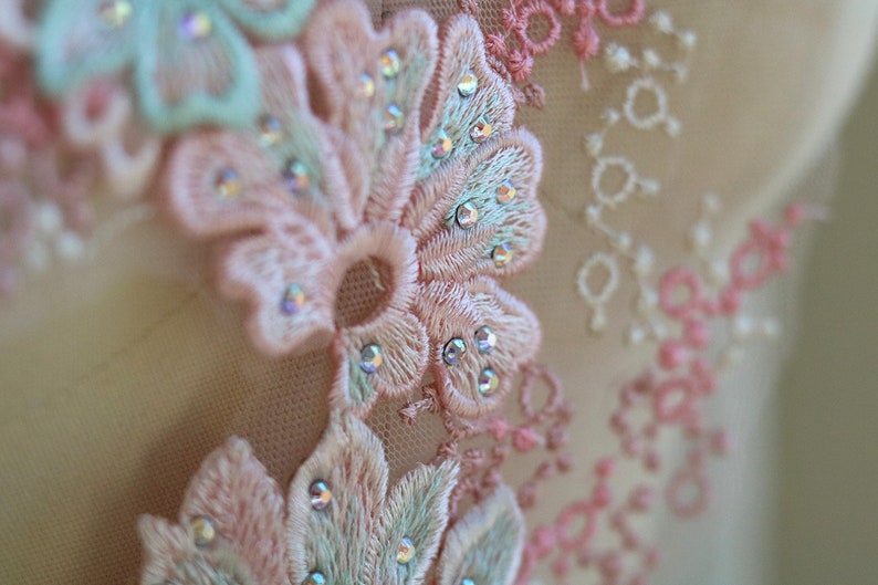 ROSE GOLD, PINK, Mint Rayon Lace Appliqué, Floral Motif Pattern With ...
