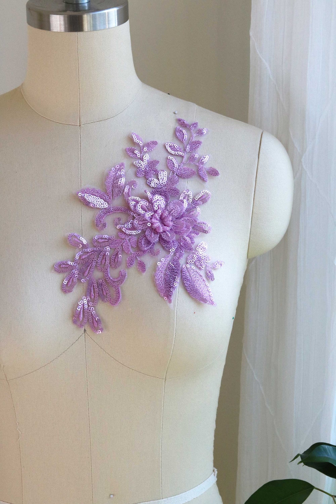 LAVENDER 3D Shiny Sequin Lace Applique, Purple Flower and Leaves for ...