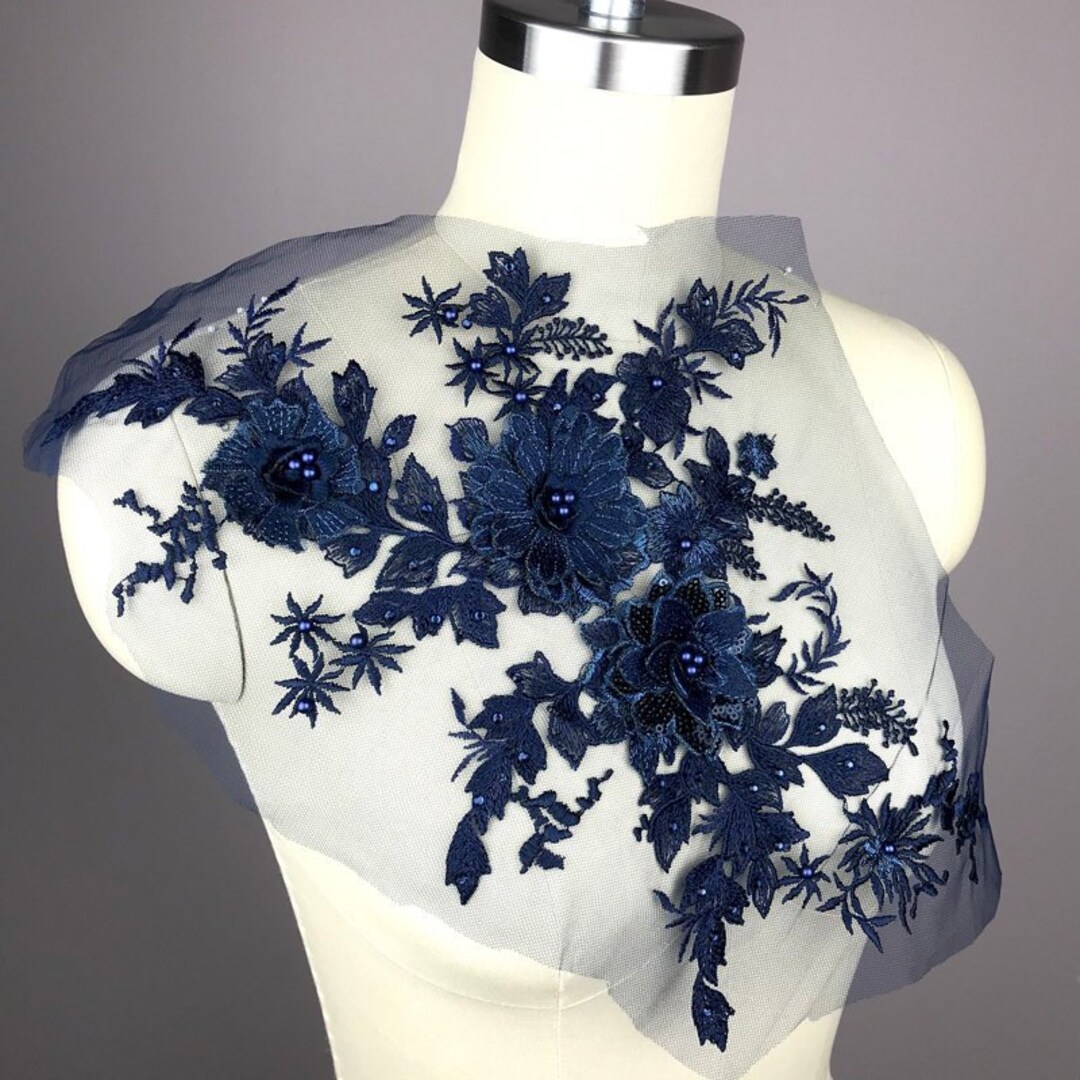 A036-e Navy Blue Lace Applique, 3D Beaded Lace Applique, Dancing ...