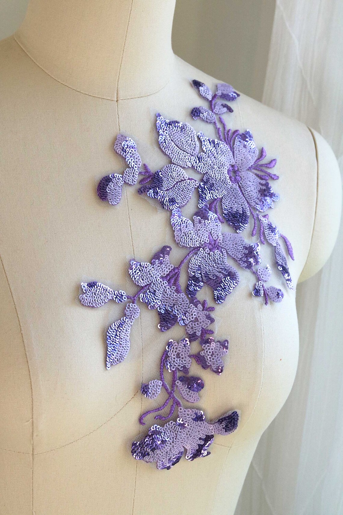 A173-j Purple Lace Appliqué Plume Sequin Lace Applique | Etsy