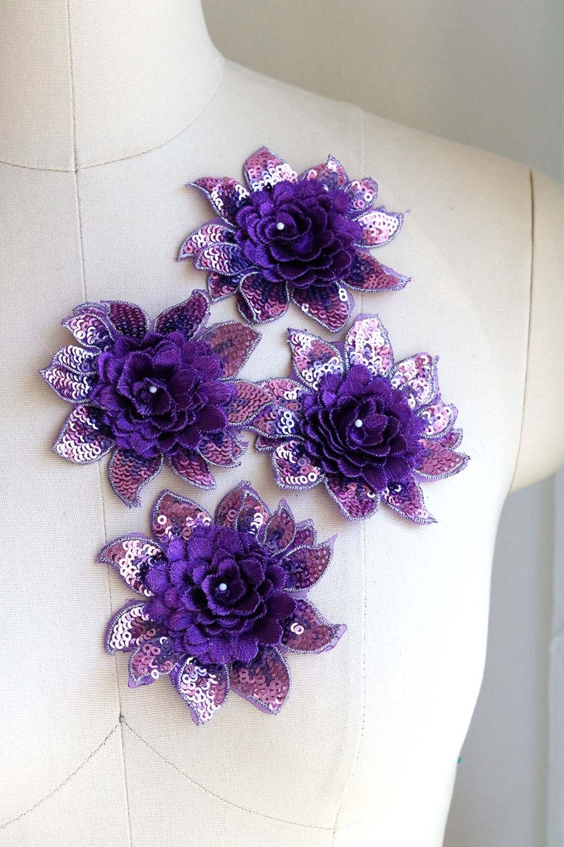 ROYAL PURPLE 3D Sequin Flower Lace Applique, Single Flower Lace ...