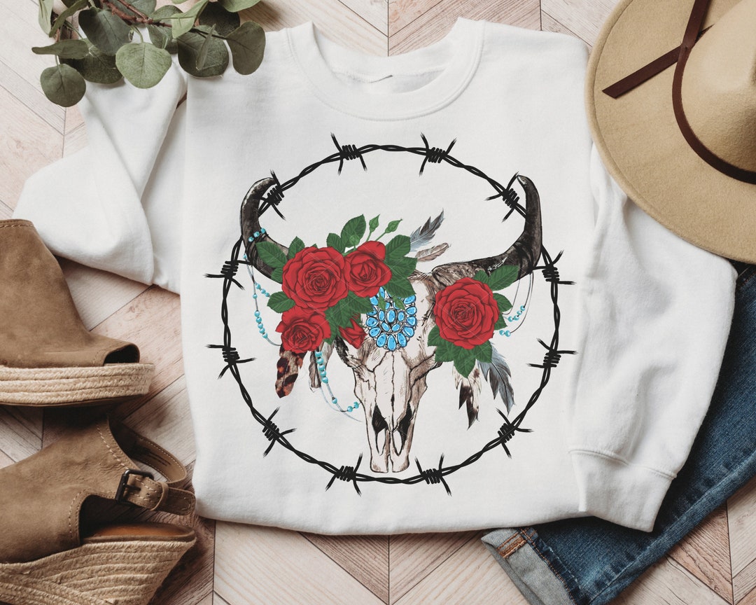 Western DTF Skull Western Roses DTF TRANSFER Ready to Press - Etsy