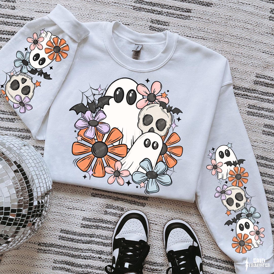Halloween Retro Floral Ghost W/ Sleeve Two 8in Sleeves DTF Transfer ...