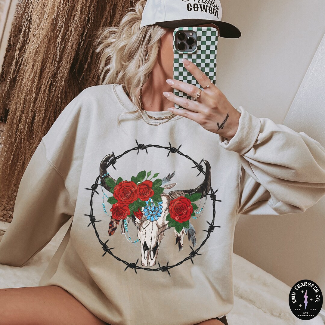 Western DTF Skull Western Roses DTF TRANSFER Ready to Press | Direct to ...