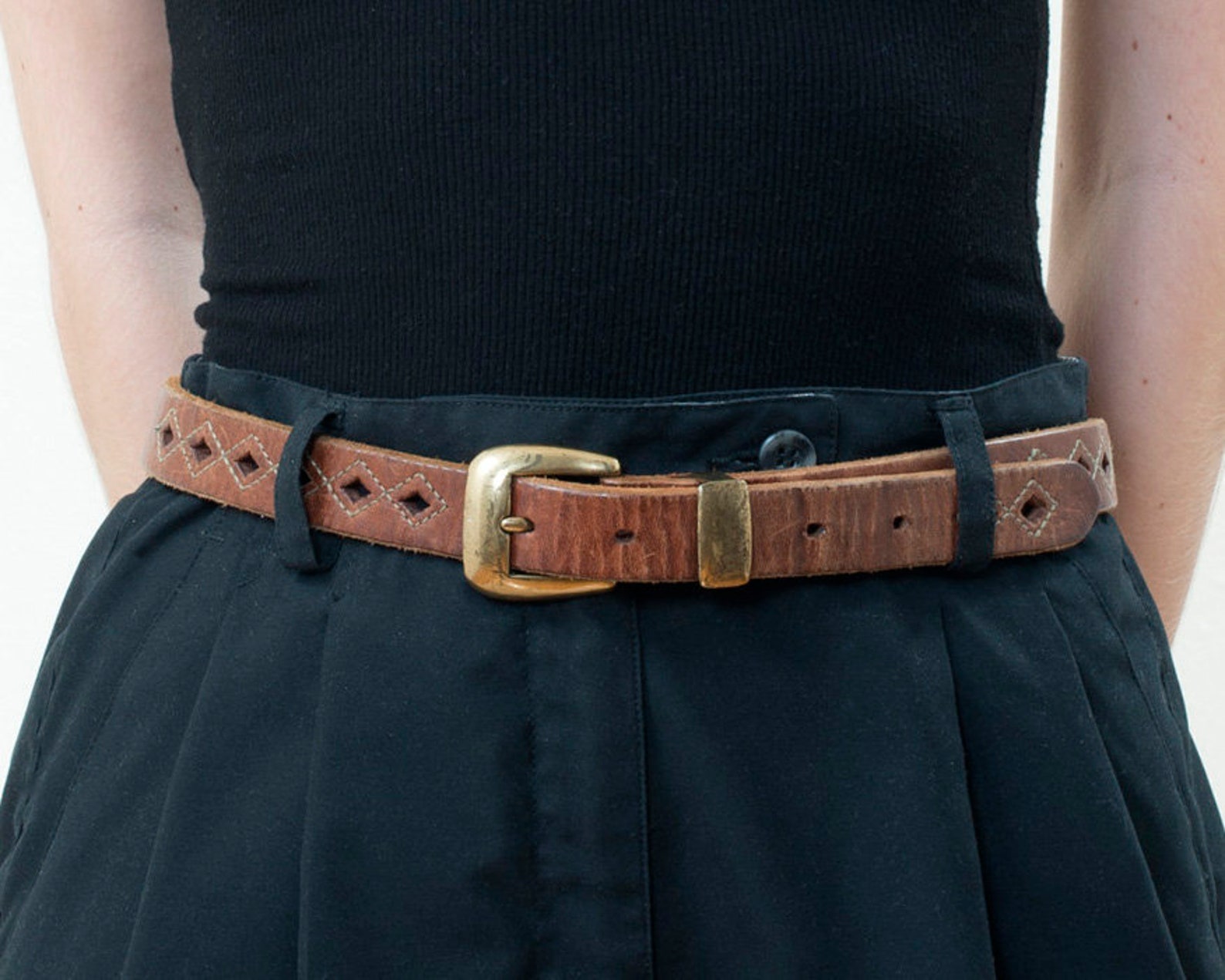 90s Brown Laser Cut Leather Belt 28 Waist Classic Western Cut Out Belt ...