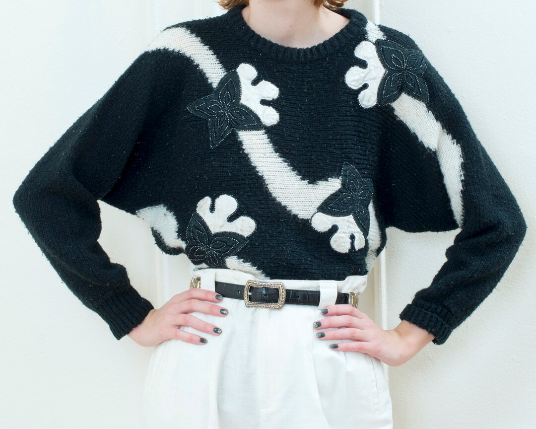 80s Carducci Graphic Sweater Black and White Graphic Floral - Etsy