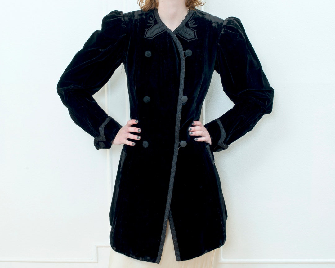 Antique Black Velvet Edwardian Jacket Vintage Puff Sleeve Velvet Double ...