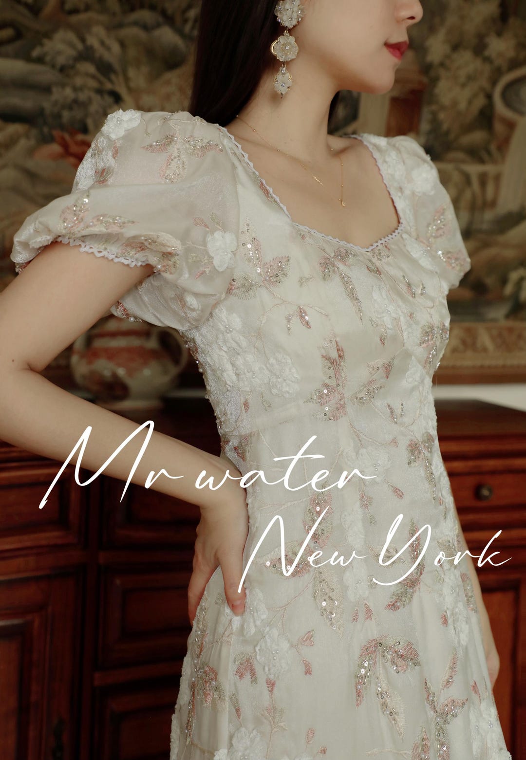 Luxury Hand Beaded Floral Embroidery Dress Elegant Puff Sleeve Vintage ...