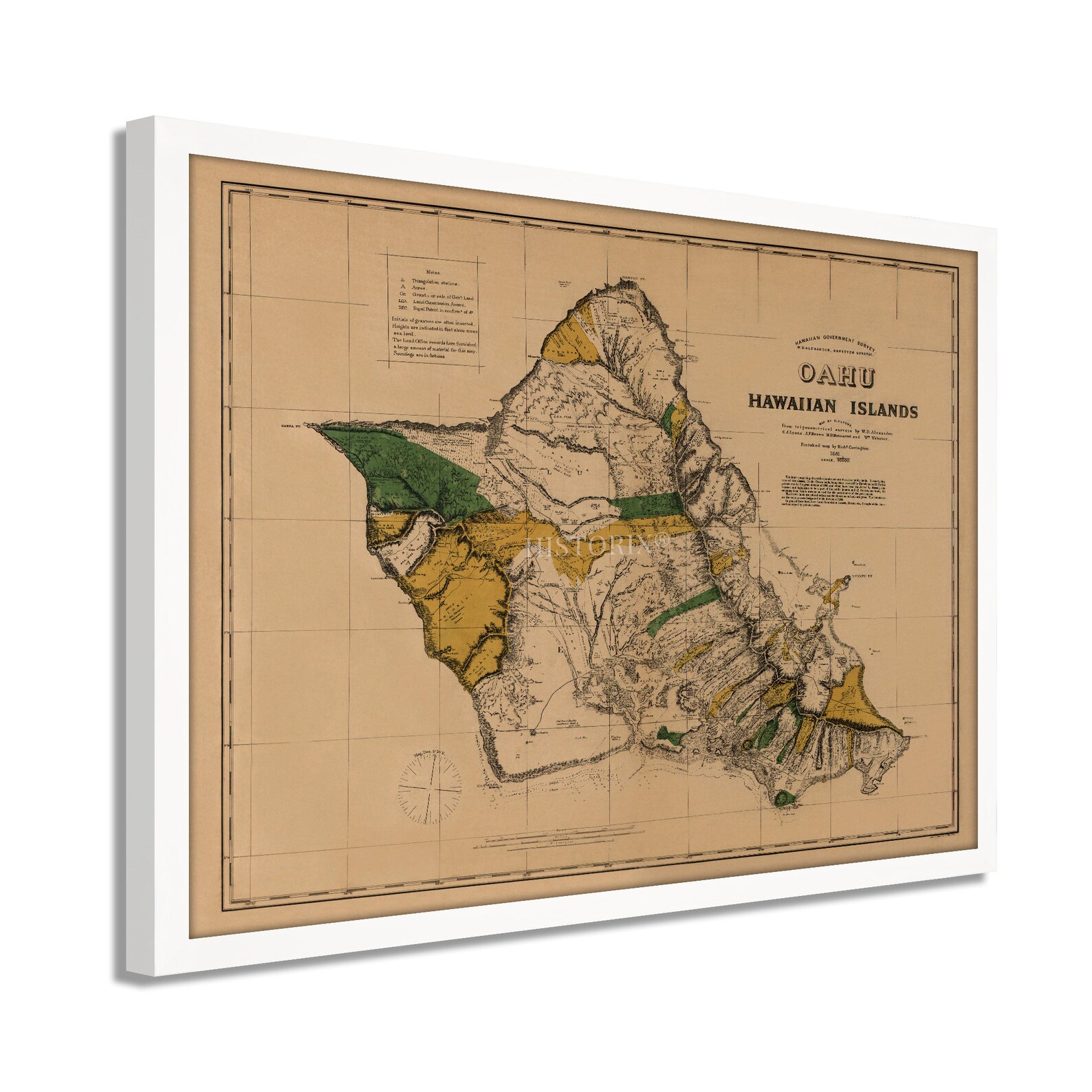 1881 Oahu Hawaiian Islands Map - Framed Vintage Oahu Map - Restored Map ...