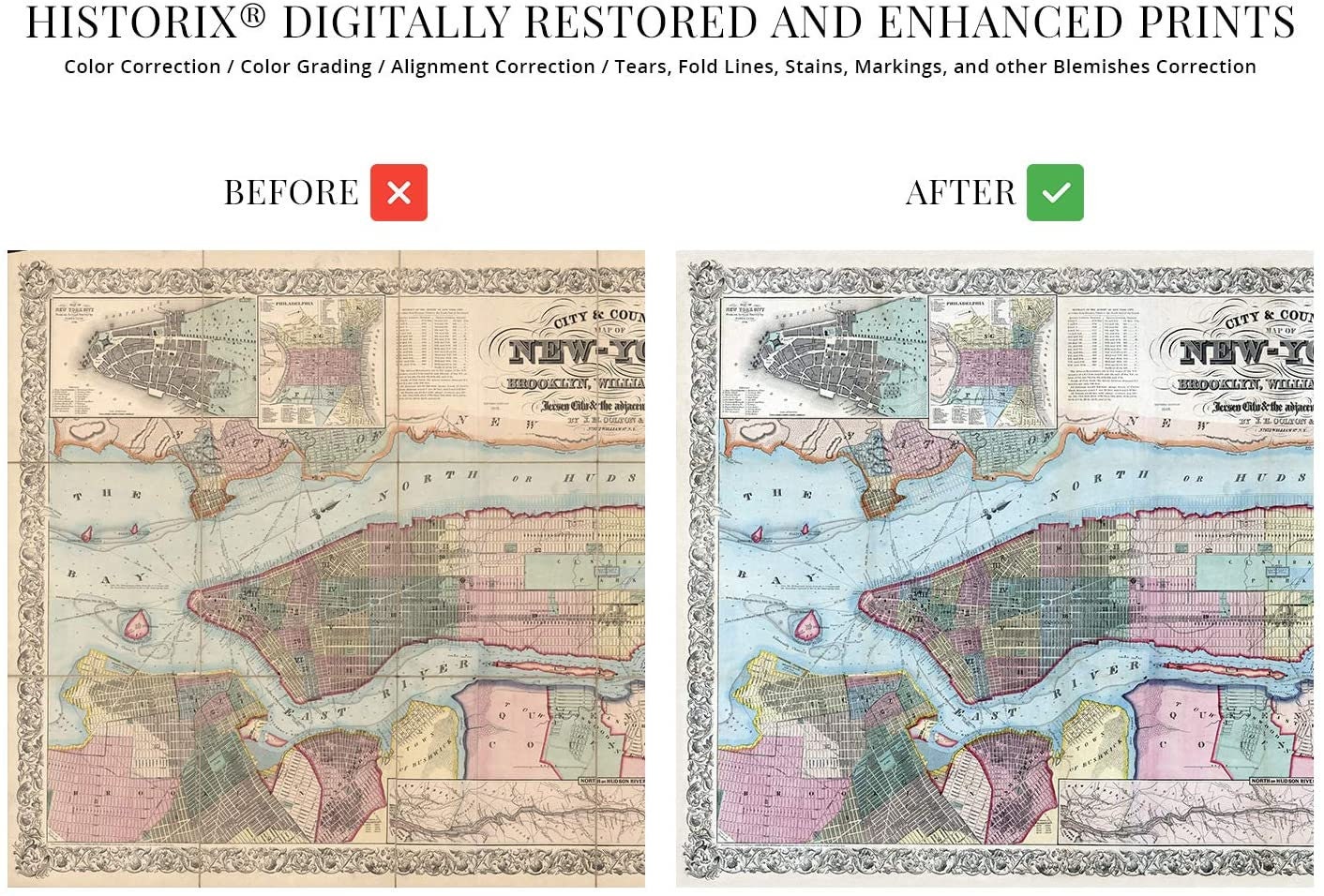 1857 New York City and Vicinity Map Art - NYC Vintage Map Wall Art ...