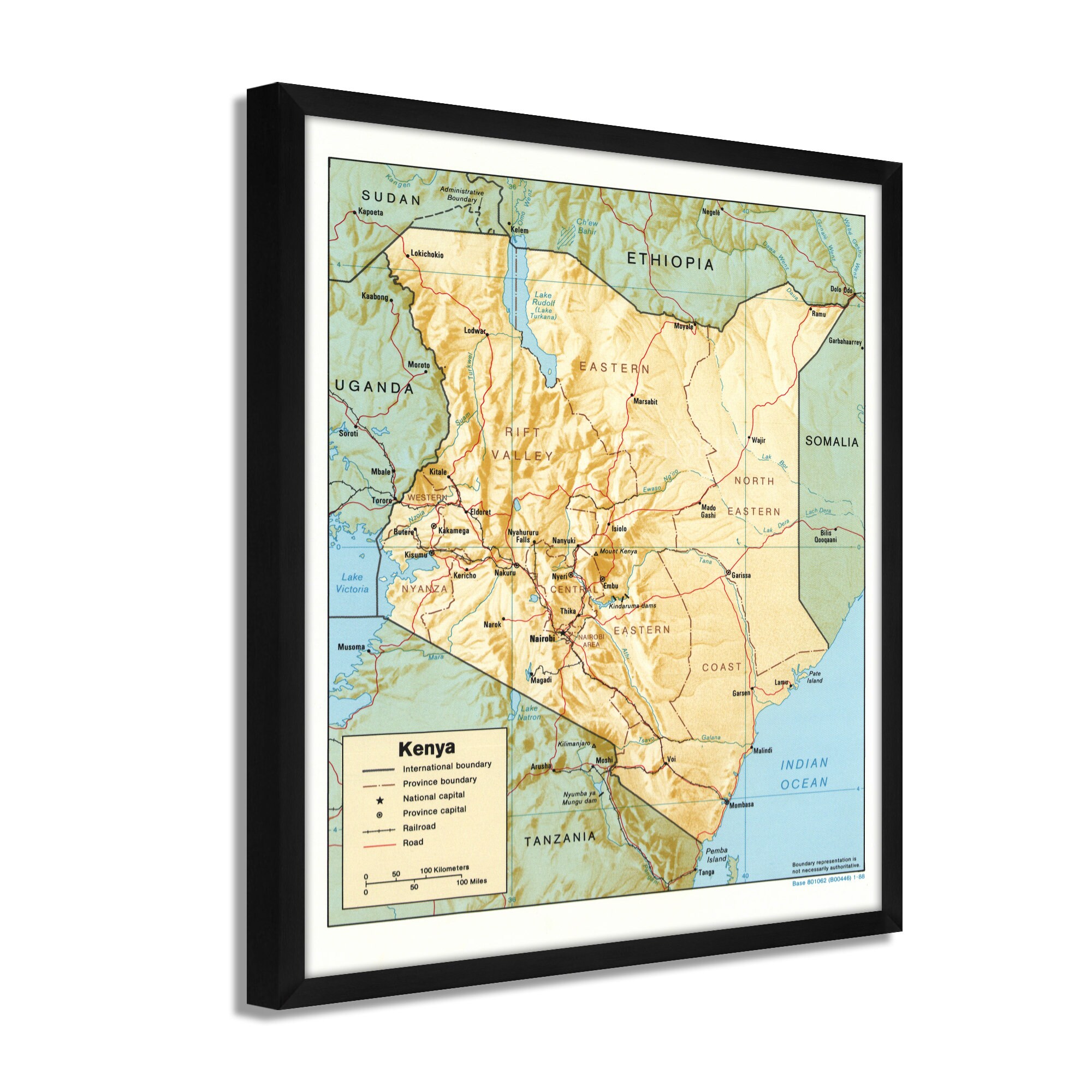 1988 Kenya Map Print Framed Vintage Kenya Wall Art Map Old Kenya Wall ...