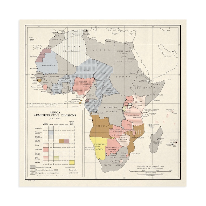 1960 Africa Map - Vintage Map of Africa Administrative Divisions ...