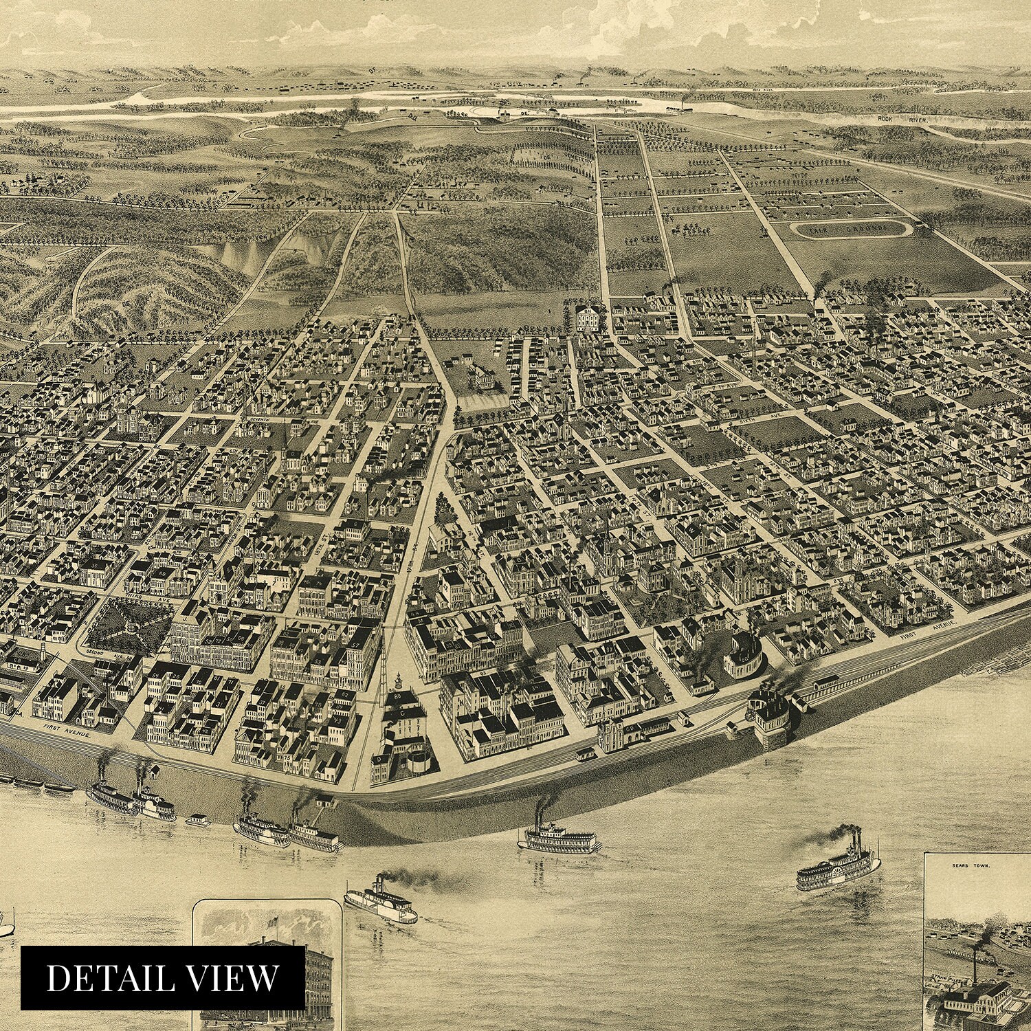 1889 Rock Island Illinois Map Poster - Vintage City of Rock Island Map ...