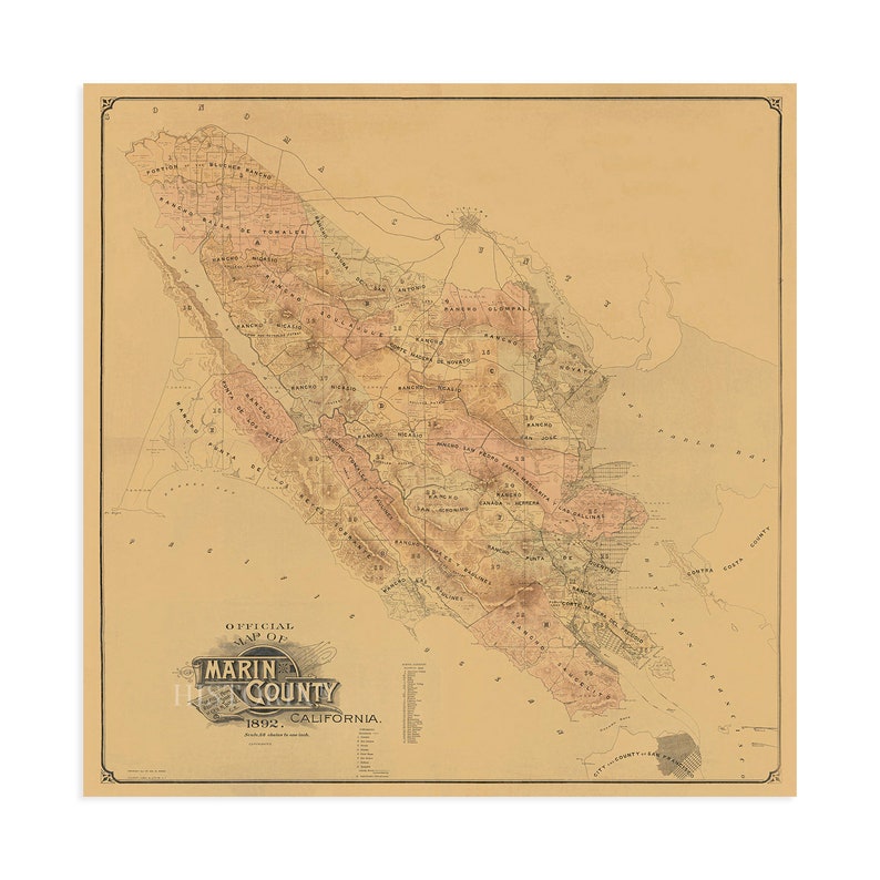 1892 Marin County Poster Map Vintage Map of Marin County - Etsy
