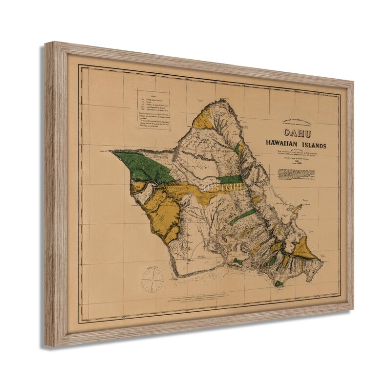 1881 Oahu Hawaiian Islands Map - Framed Vintage Oahu Map - Restored Map ...