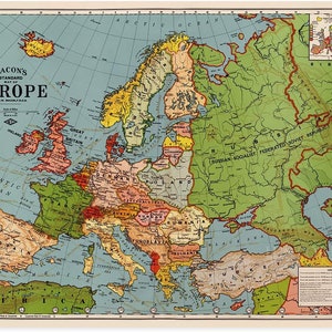 1925 Map of Europe Vintage Map Europe Wall Art Bacon's Standard Map of ...