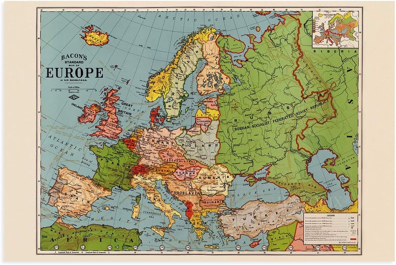 1925 Map of Europe Vintage Map Europe Wall Art Bacon's Standard Map of ...