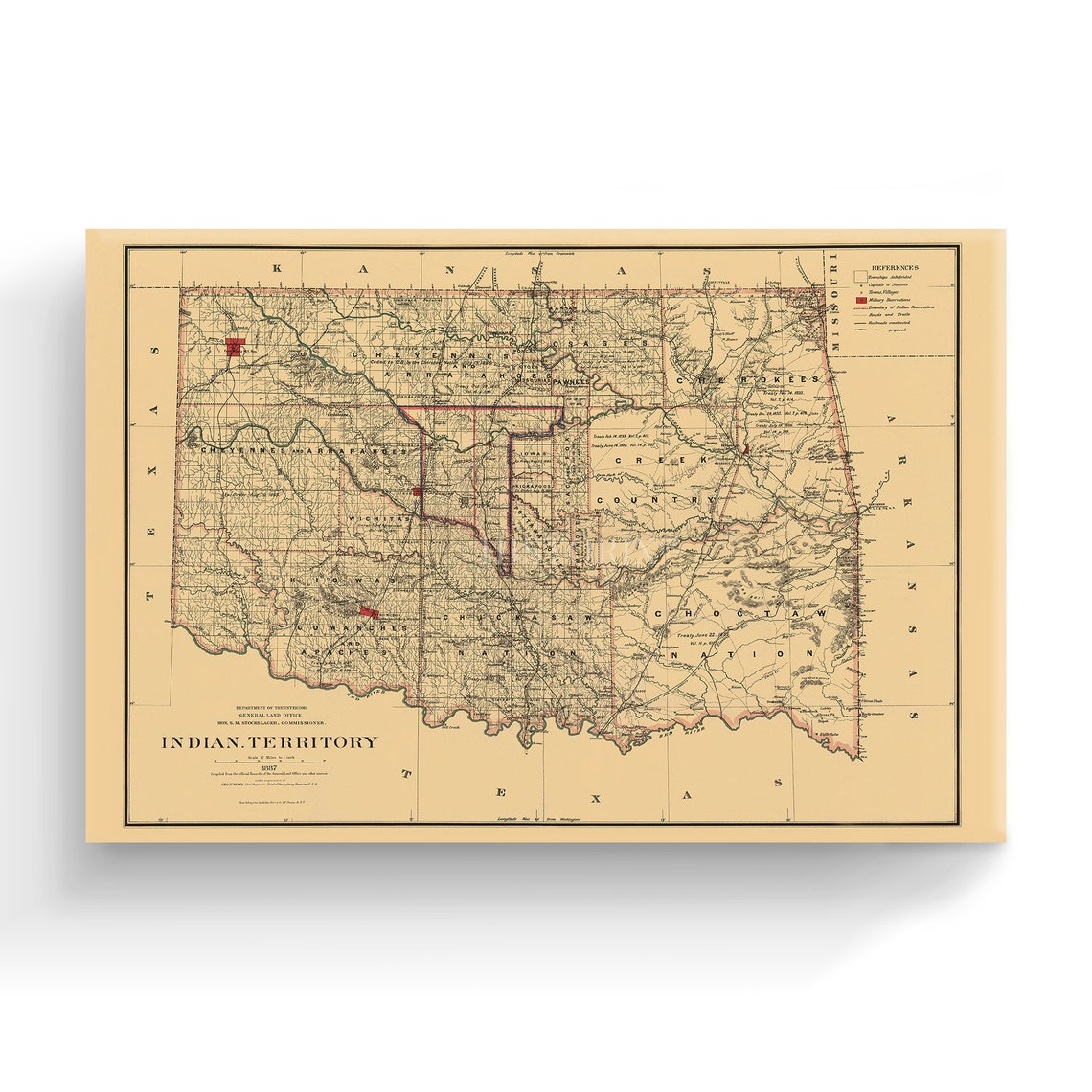 1887 Indian Territory Map Canvas Wrap Vintage Oklahoma Map - Etsy