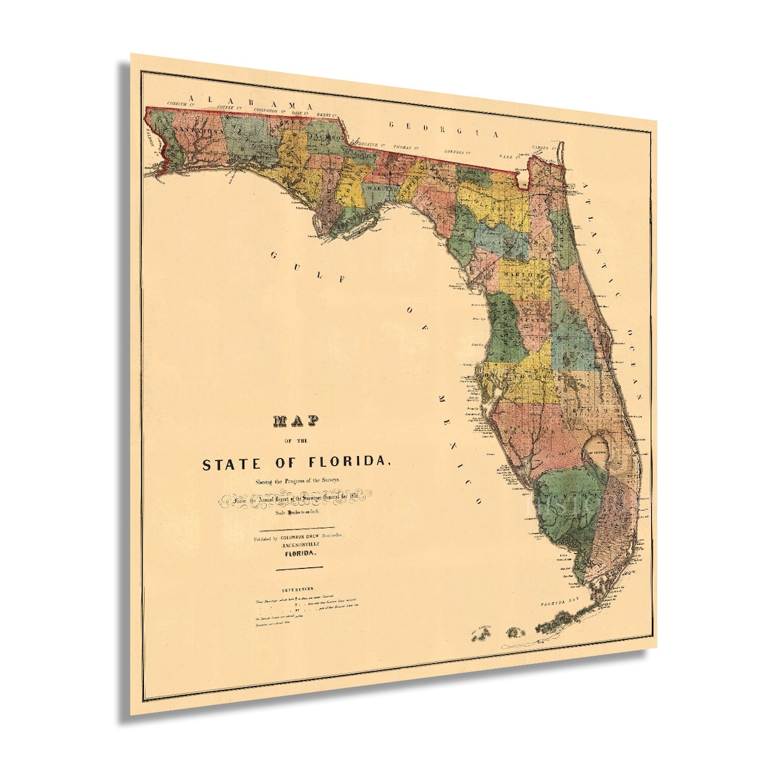 1856 Florida State Wall Map - Vintage Map Wall Art - Vintage Florida ...