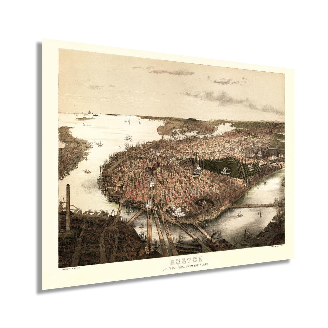 1877 Boston Map Wall Art View From the North - Vintage Map of City of ...