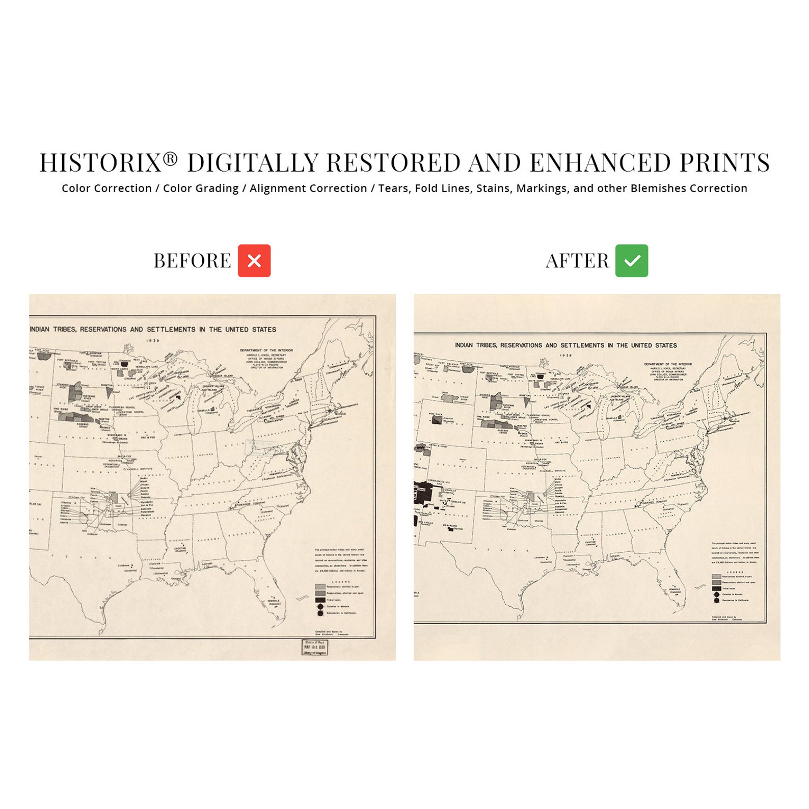 1939 Indian Tribes Reservations & Settlements United States Map - Old ...
