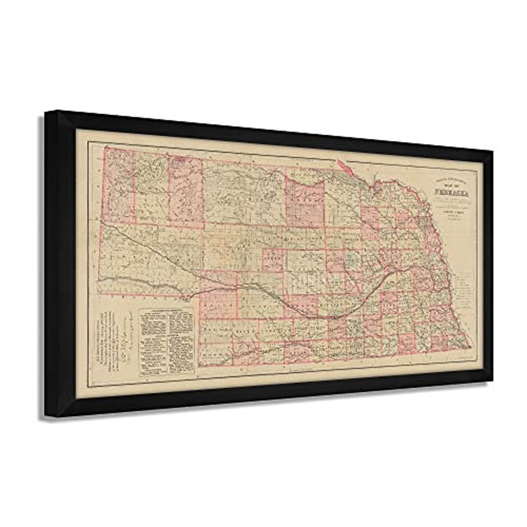 1885 Nebraska Map - Framed Vintage Nebraska Wall Art - History of ...