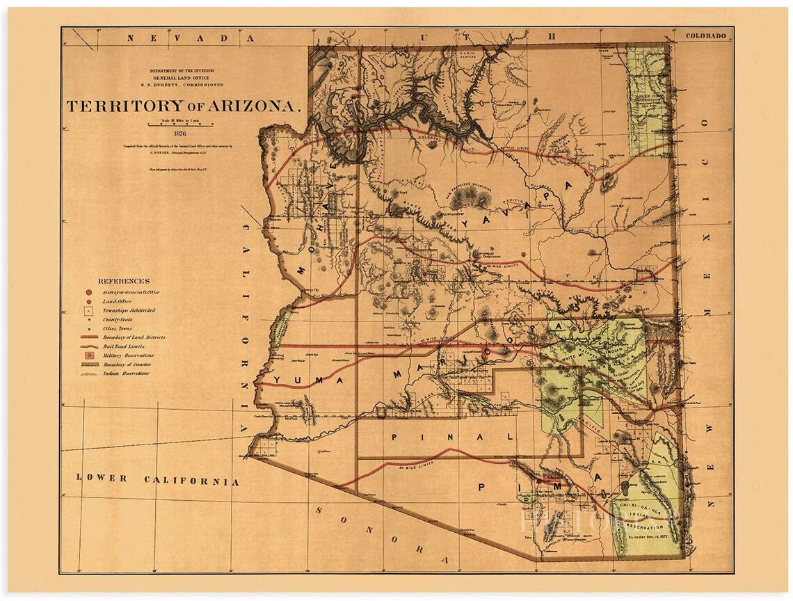1876 Arizona Territory Map Vintage Arizona Map Old Arizona - Etsy