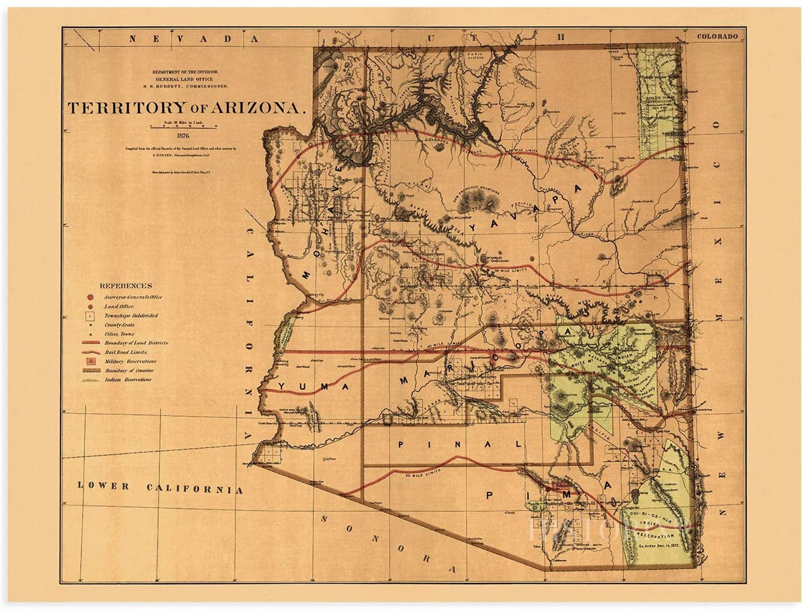 1876 Arizona Territory Map - Vintage Arizona Map - Old Arizona ...