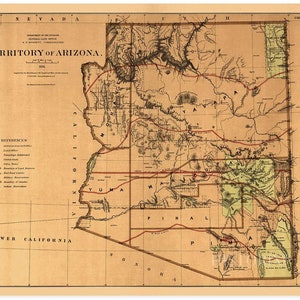 1876 Arizona Territory Map - Vintage Arizona Map - Old Arizona ...