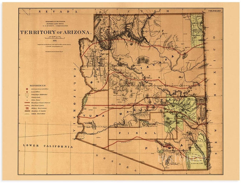 1876 Arizona Territory Map Vintage Arizona Map Old Arizona - Etsy